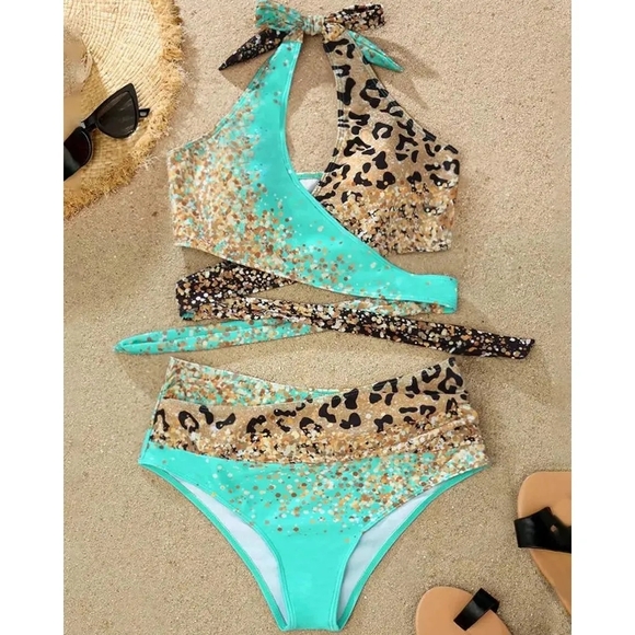 Swim | Leopard Print Turquoise Bikini Set | Poshmark